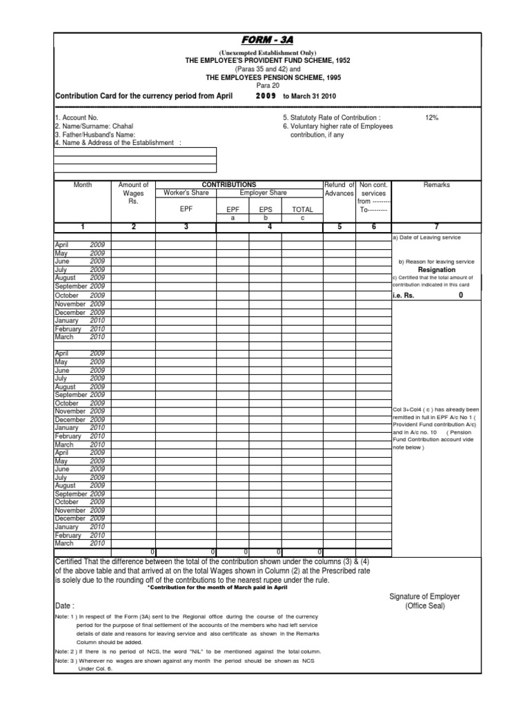 Form - 3A: Contribution Card For The Currency Period From April ...