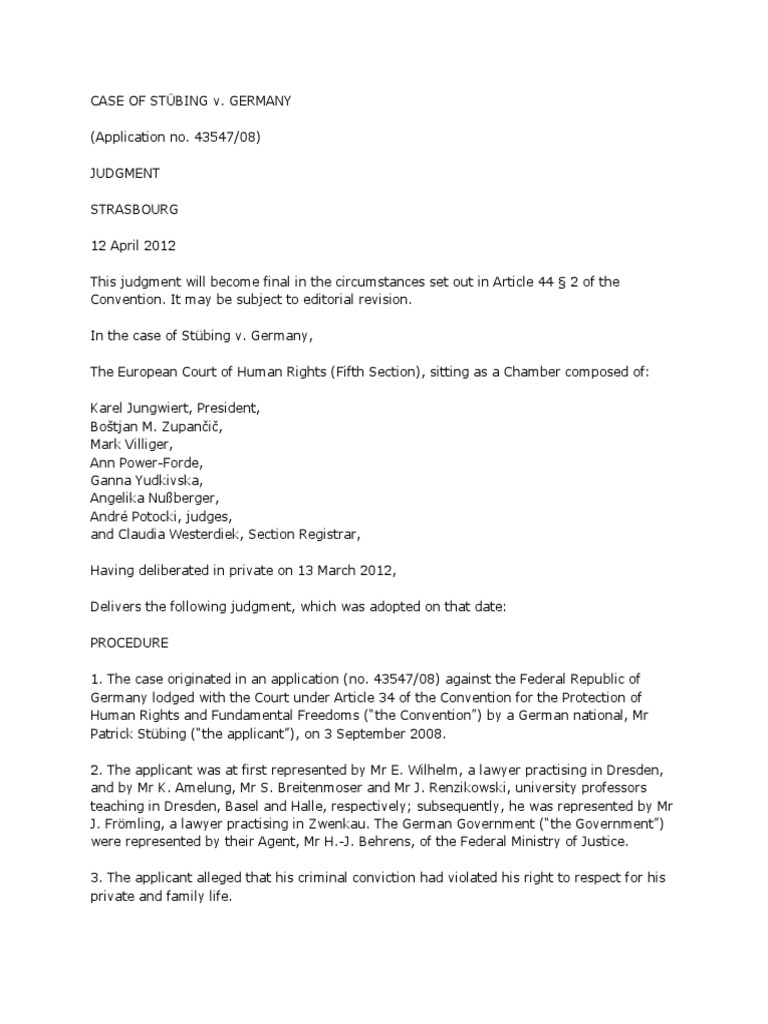 CASE OF STÜBING V Germany | PDF | European Convention On Human Rights ...