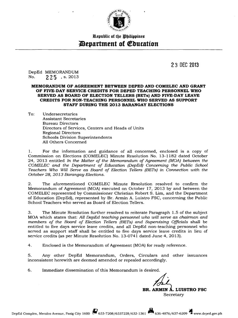 MOA Between DepEd and COMELEC and Grant of Five-Day Service Credits | PDF