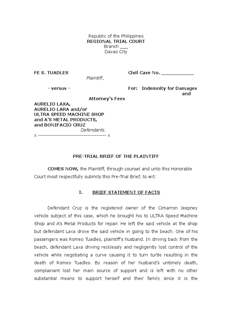 Sample Pre Trial Brief | PDF | Negligence | Common Law