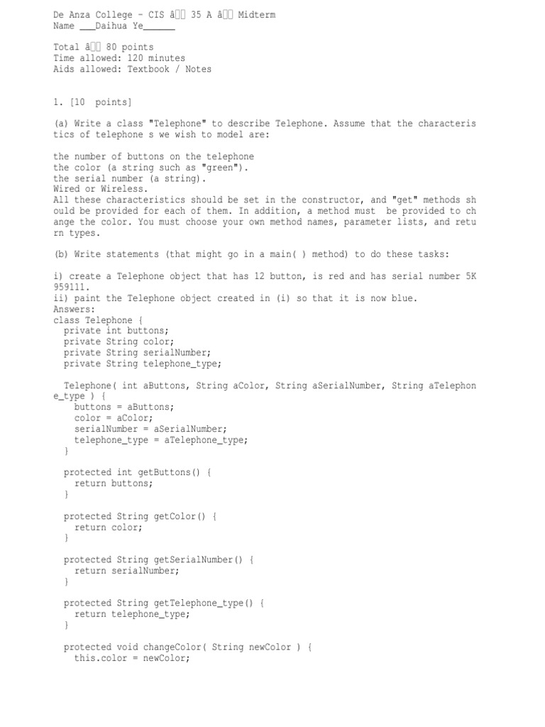 De Anza CIS 35B Midterm | PDF | Constructor (Object Oriented Programming) | Programming