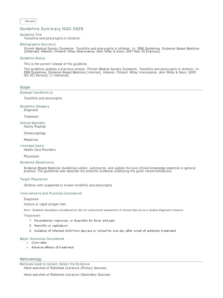 Tonsillitis & Pharyngitis Guidelines for Kids | PDF | Evidence Based ...
