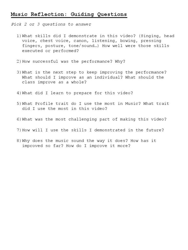 Music Class Reflection Guiding Questions | PDF | Self-Improvement