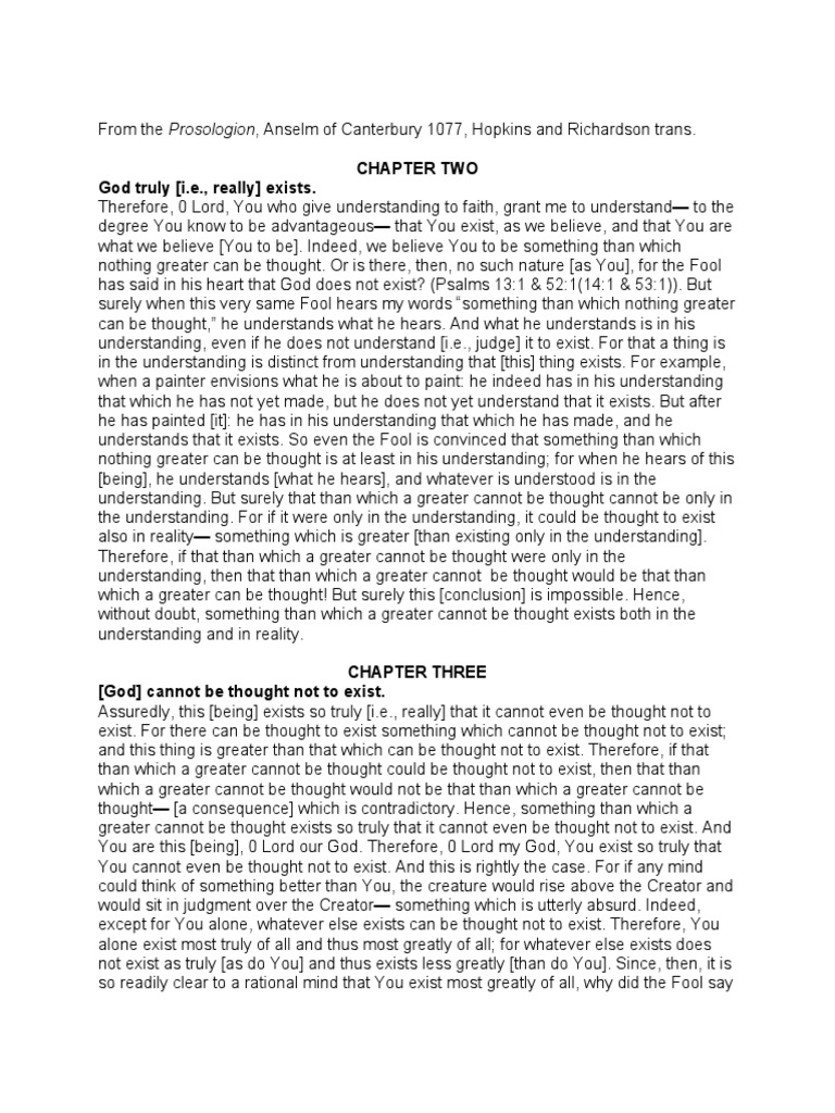 Anselm of Canterbury, Proslogion, chapter 2-5 | God | Western Philosophy