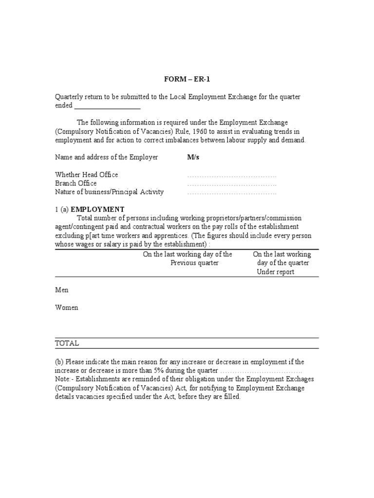 Quarterly Return Form - Er-1 | PDF | Labor Economics | General Economics