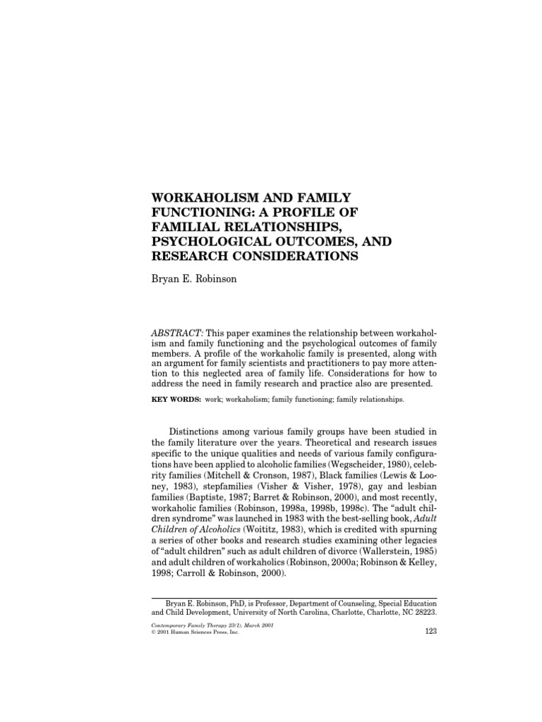 Workaholism. Family Outcomes | PDF | Psychotherapy | Affect (Psychology)