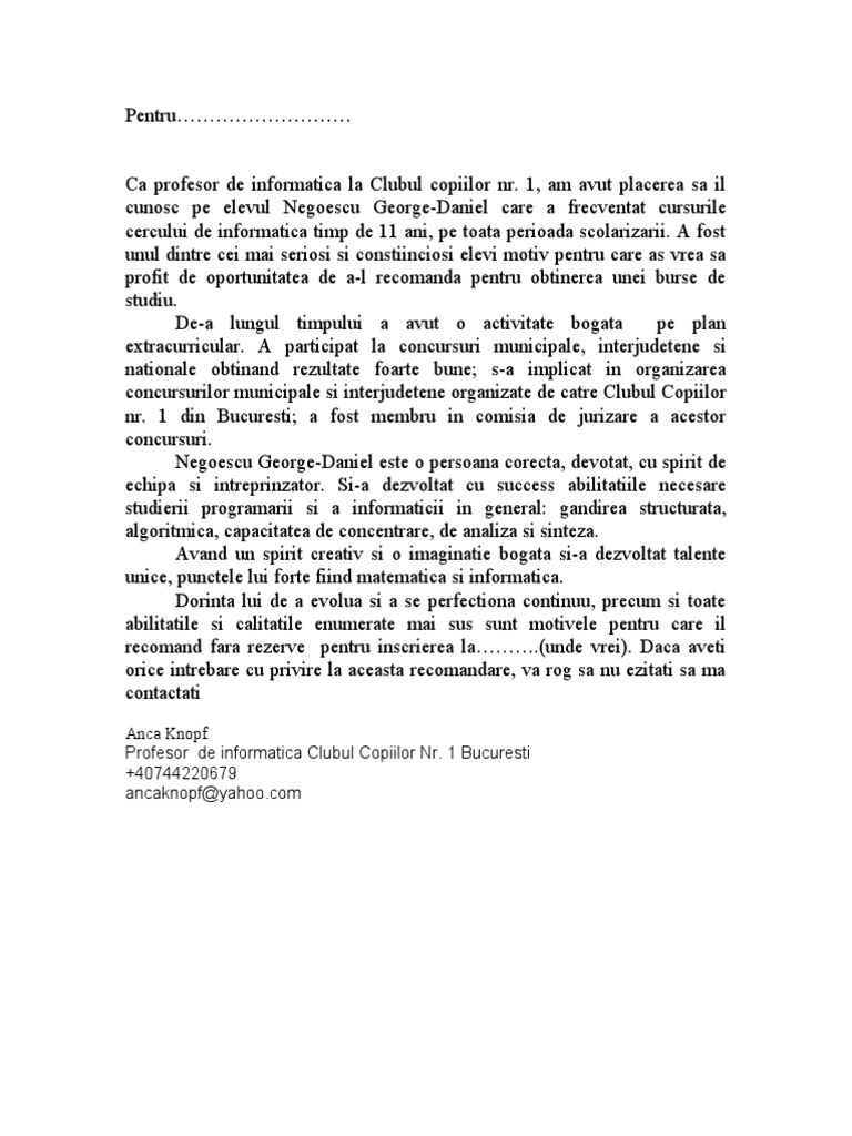Scrisoare de Recomandare Dan | PDF