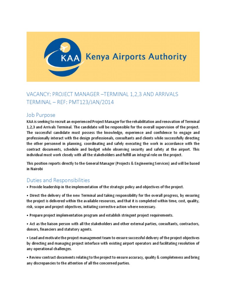Project Manager - Terminal 1,2,3 and Arrivals Terminal - Ref: Pmt123 ...