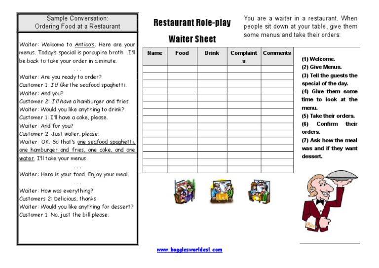 Restaurant Role-Play Waiter Sheet | PDF