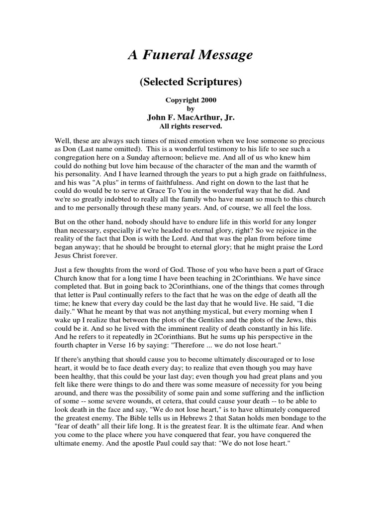 A Funeral Message - John MacArthur | PDF | Sanctification | John F. Mac ...