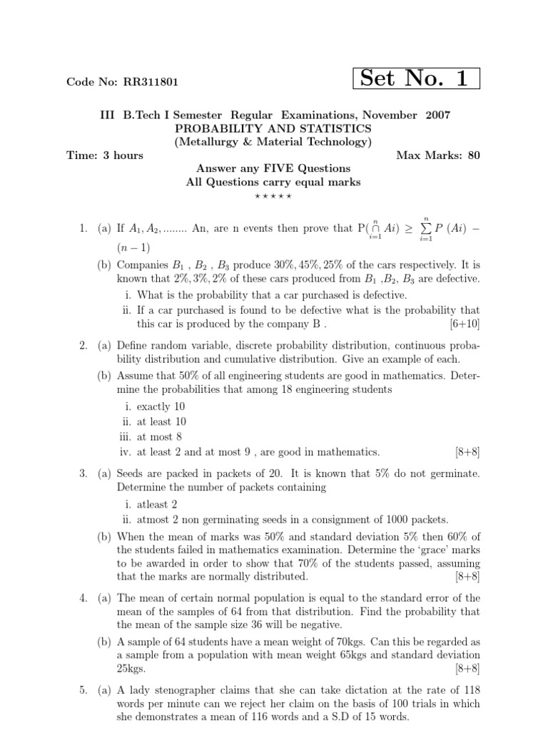 JNTU Old Question Papers 2007 | PDF | Mean | Normal Distribution