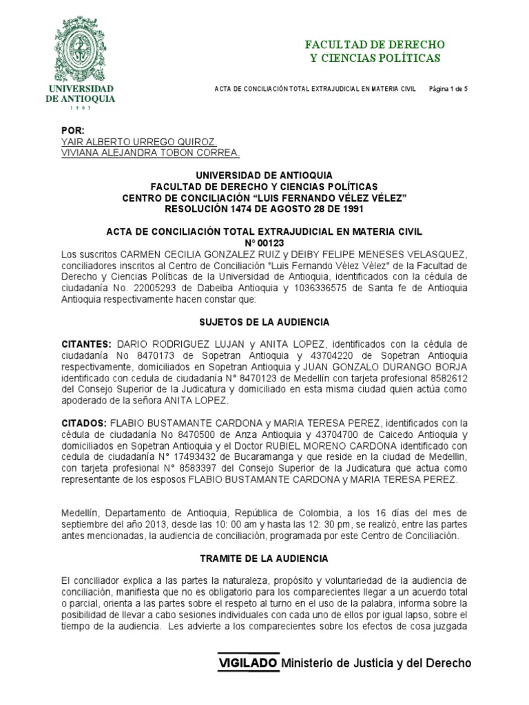 Acta de Conciliacion Vivi y Yair | PDF | Instituciones sociales | Ciencias sociales