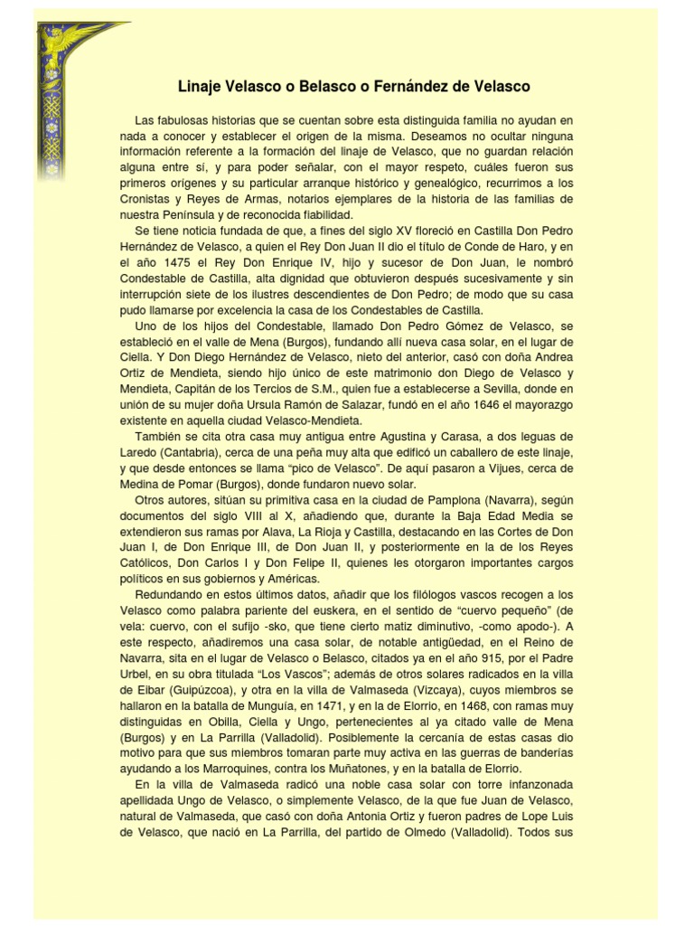 Linaje y Orígenes de los Velasco | PDF | Familias Nobles Españolas ...
