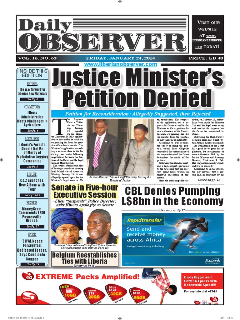 Liberian Daily Observer 01/24/2014 | Liberia | South Sudan