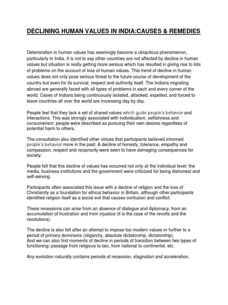 Declining Human Values in Indiacauses & Remedies | PDF | Value (Ethics ...