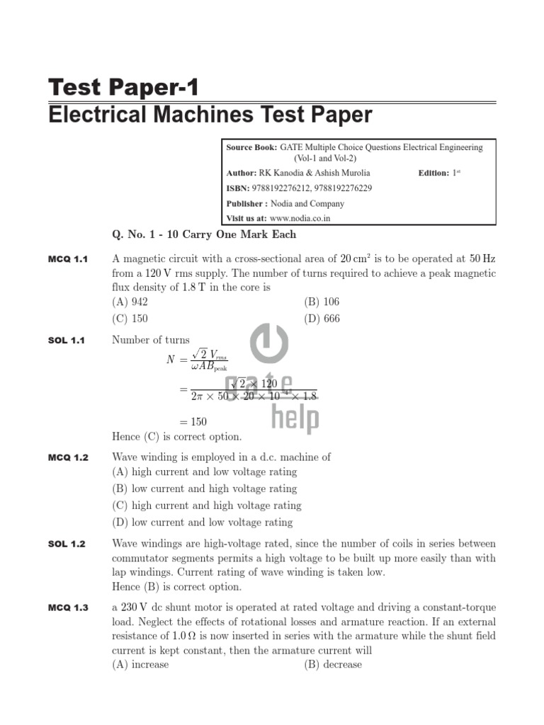 GATE MCQs Electrical Machines Test Paper | PDF | Transformer | Electric ...