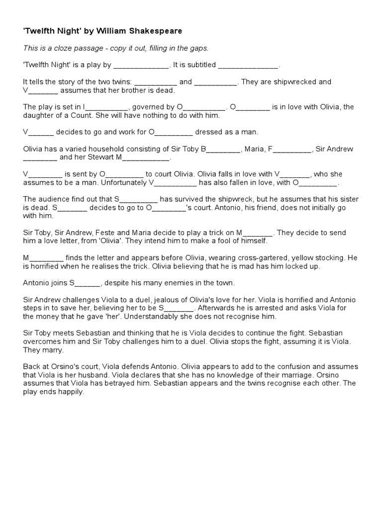 Twelfth Night Cloze | PDF | Mystery, Thriller & Crime Fiction