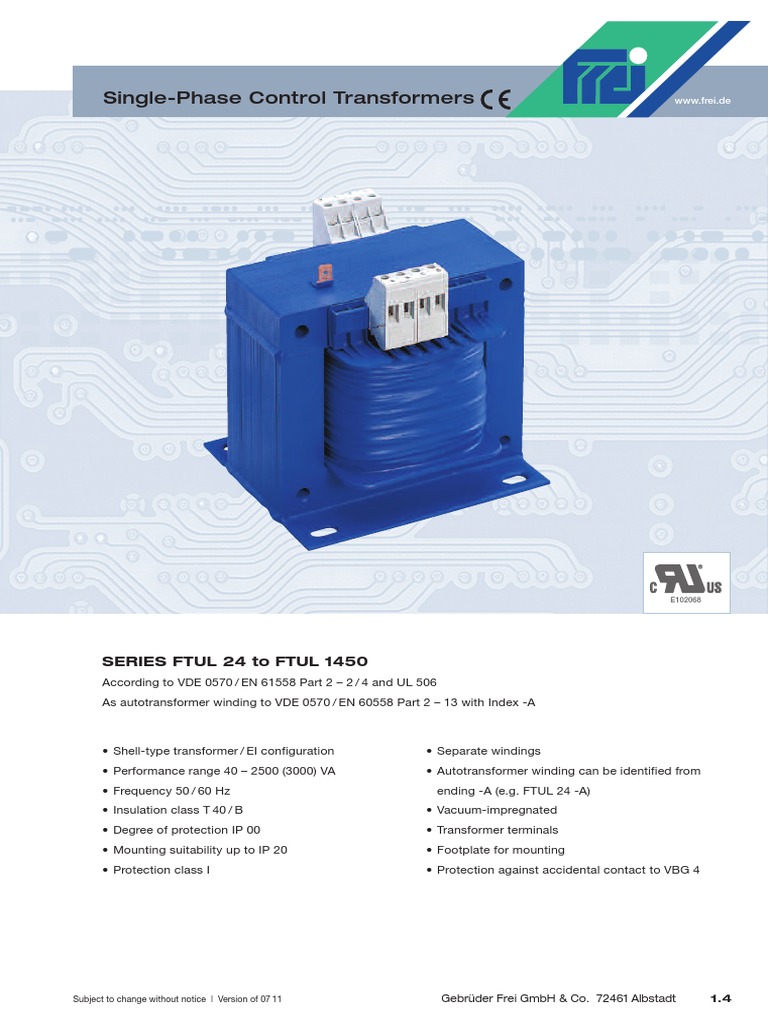 Specifications and Technical Details of the FTUL Series Single-Phase Control Transformers from ...