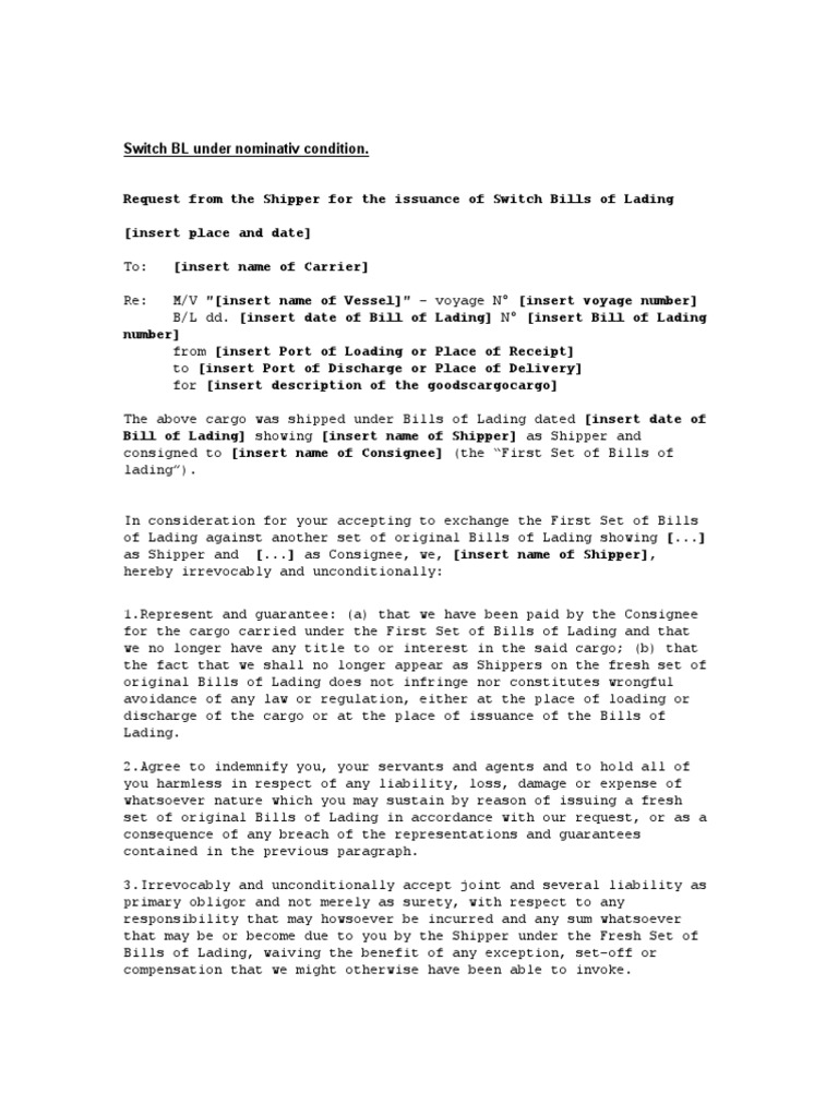 Switch BL Under Nominativ Condition | PDF | Bill Of Lading | Cargo