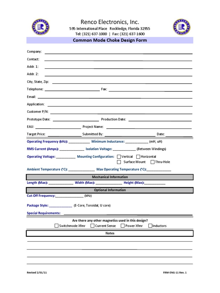 Common Mode Choke Design Form | PDF | Technology & Engineering