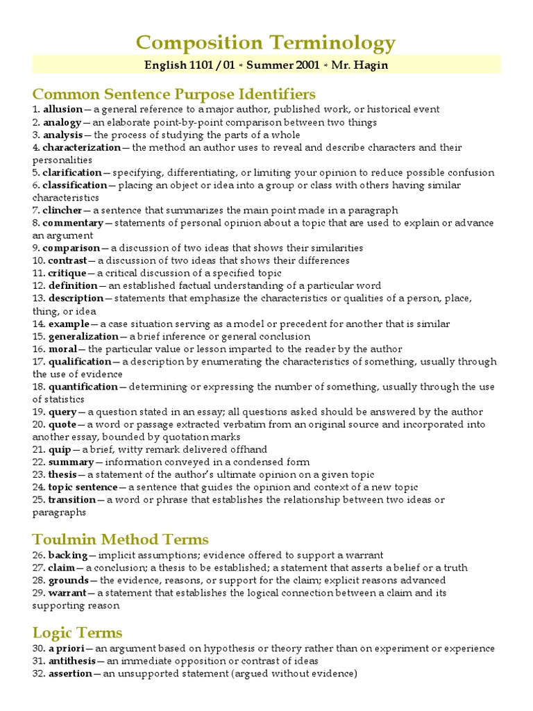 Composition Terminology: Common Sentence Purpose Identifiers | PDF ...