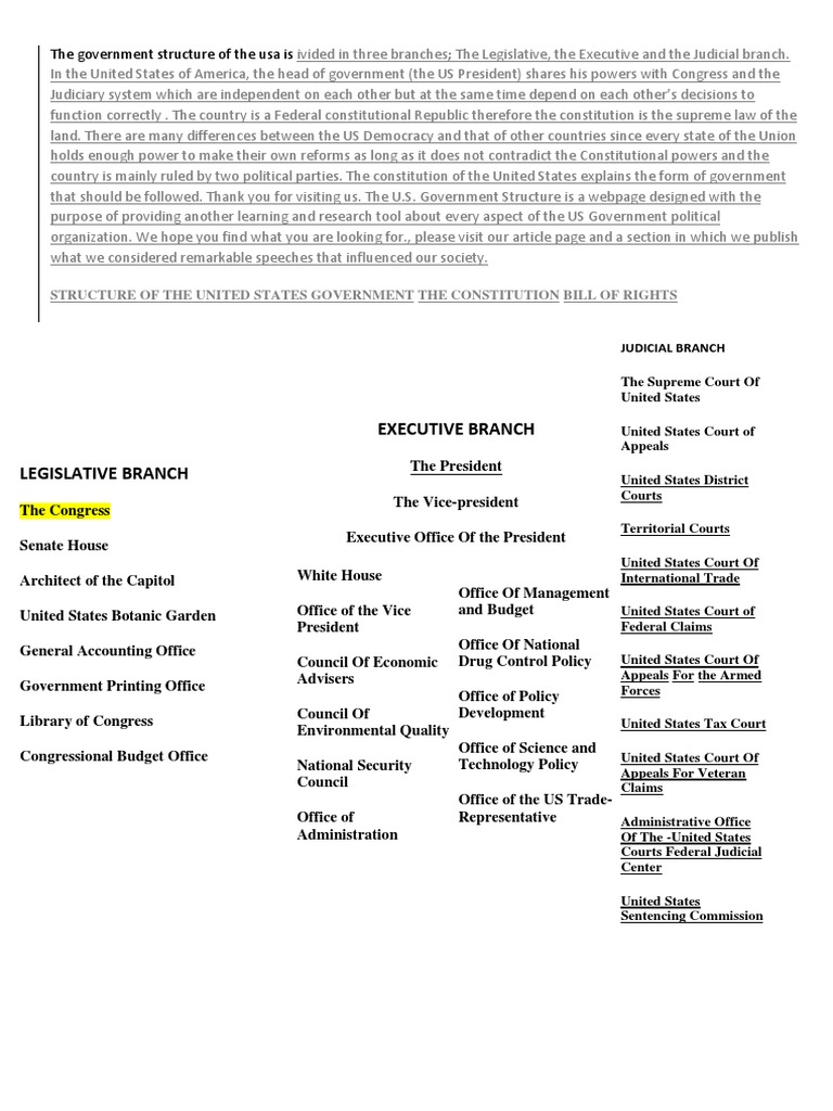 Overview of U.S. Government Structure | PDF | Federal Government Of The ...