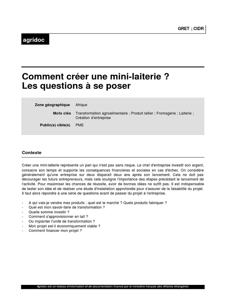 Guide de création d'une mini-laiterie | PDF