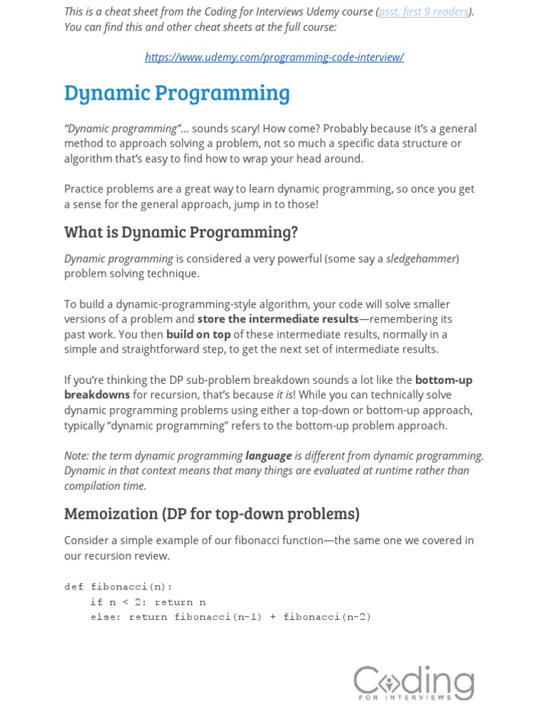 Coding For Interviews Dynamic Programming Cheat Sheet | PDF | Dynamic Programming | Top Down And ...