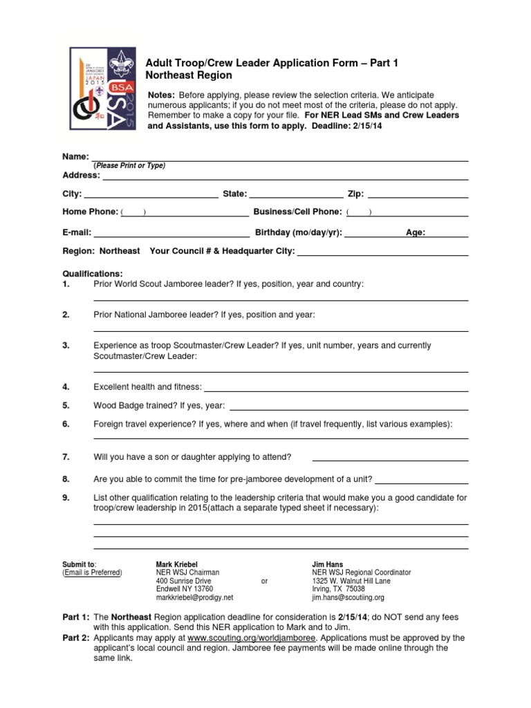 Northeast Region Jamboree Leader Application | PDF