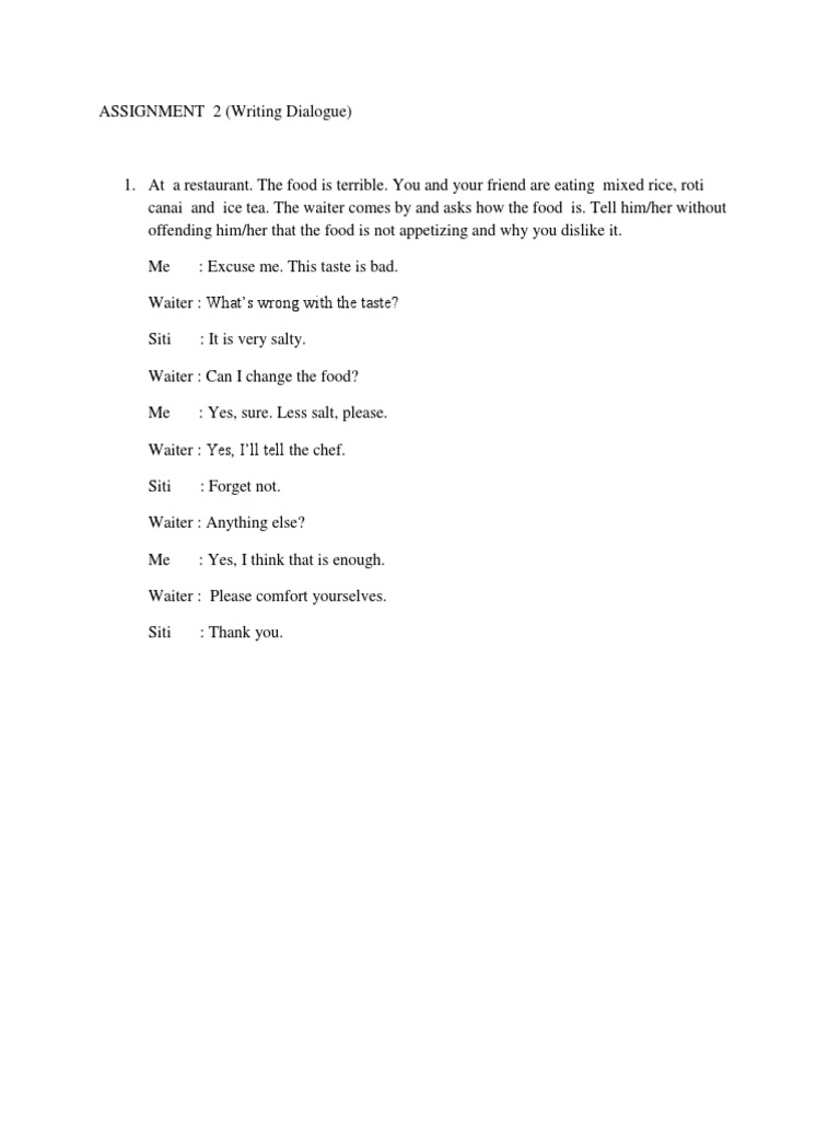 ASSIGNMENT 2 (Writing Dialogue) | PDF | Waiting Staff | Leisure