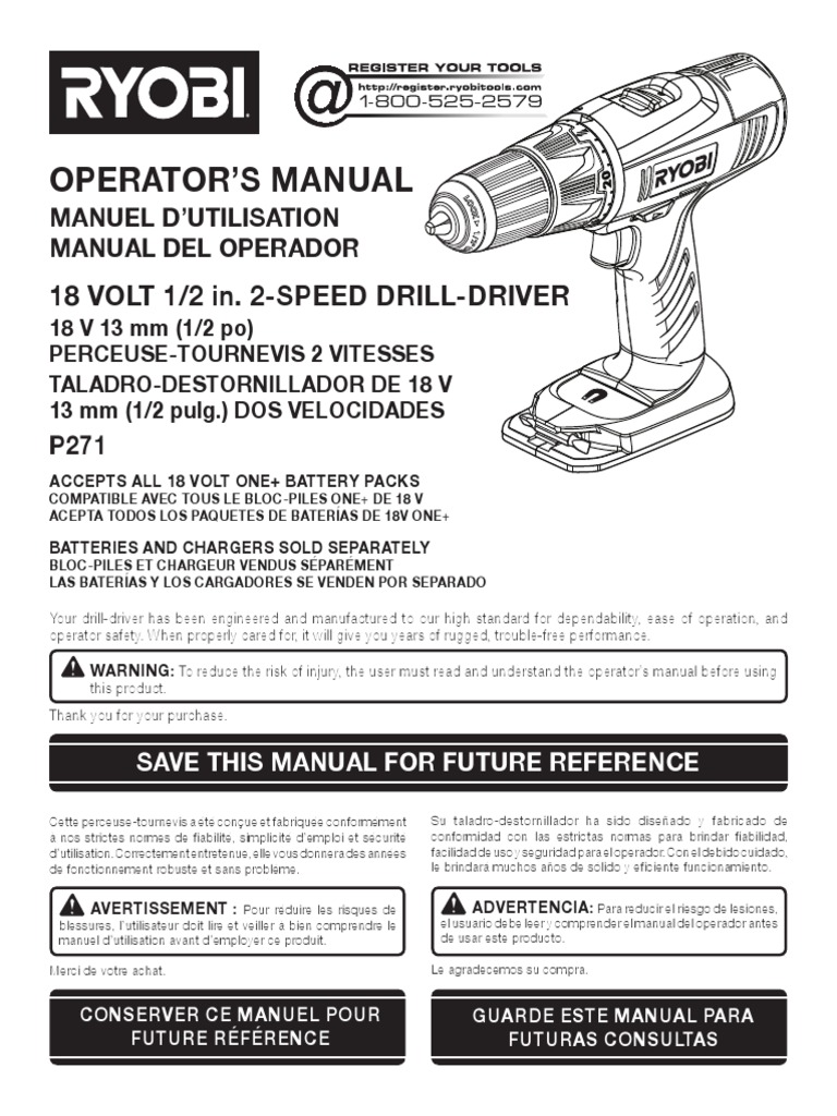 Ryobi P271 Owners Manual | PDF | Drill | Drilling