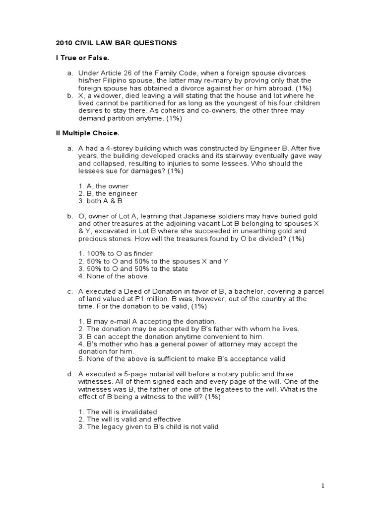 2010 Civil Law Bar Questions I True or False | PDF | Annulment | Marriage