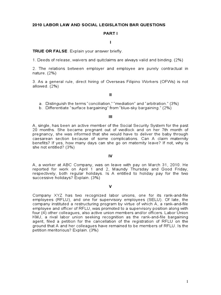 2010 Labor Law and Social Legislation Bar Questions | PDF | United ...