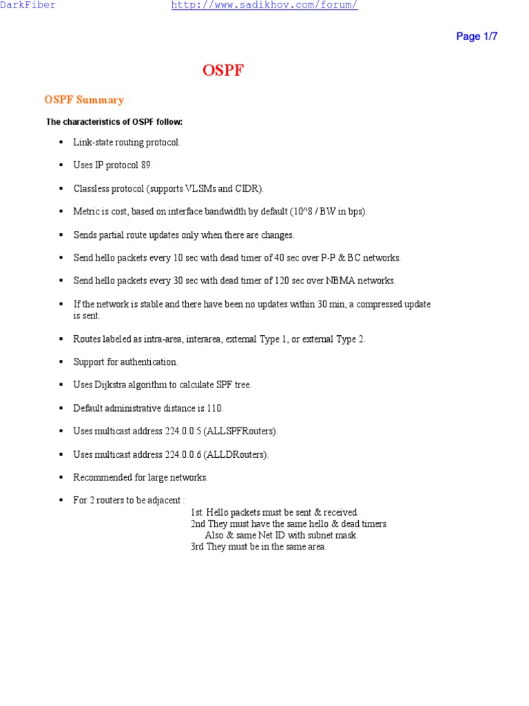 OSPF Summary: The Characteristics of OSPF Follow | Download Free PDF | Computer Network | Router ...