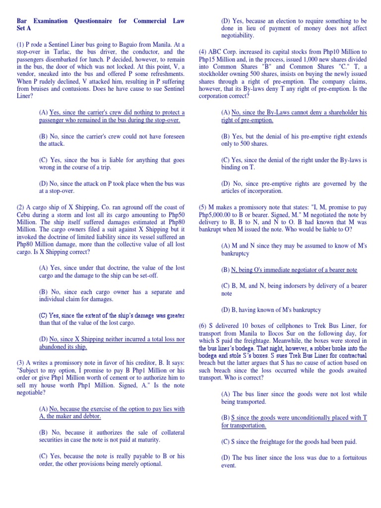 Bar Examination Questionnaire For Commercial Law - Bar Qs | PDF ...
