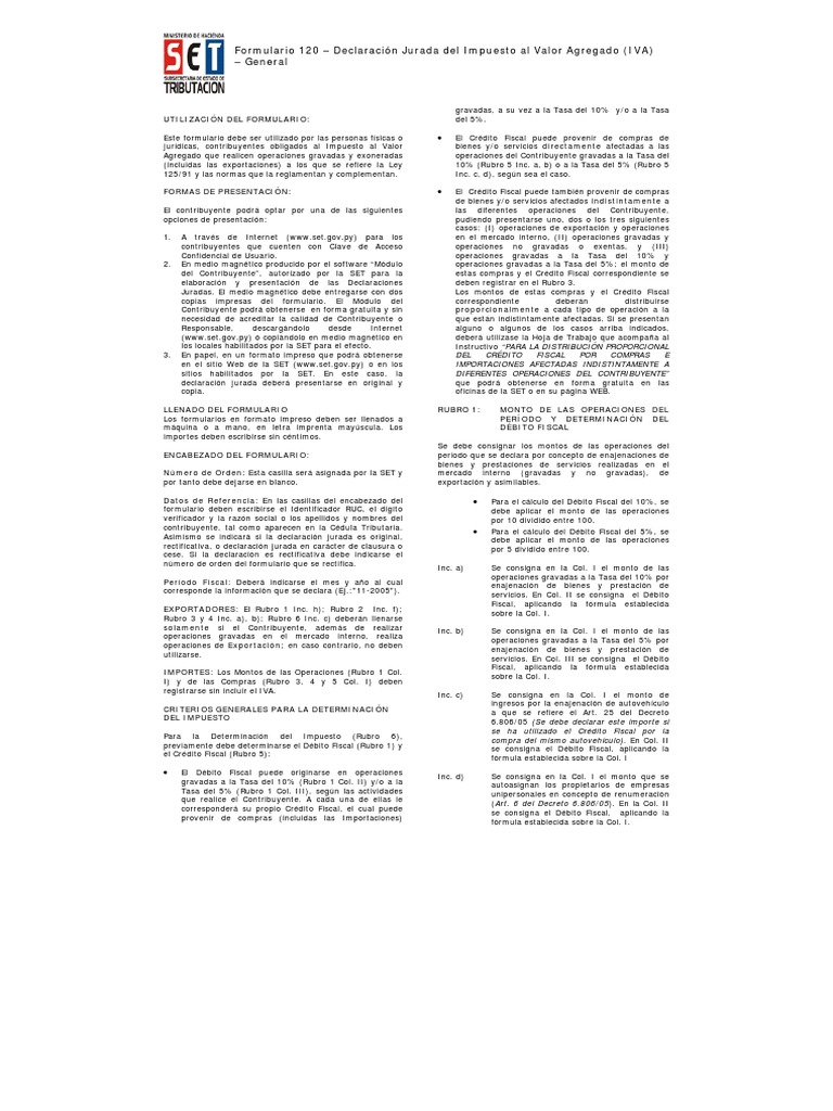 Instrucciones para el Formulario 120 IVA | PDF | Impuesto al valor ...