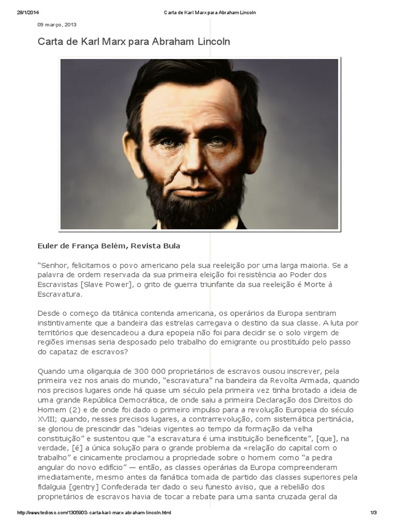 Carta de Karl Marx para Abraham Lincoln | PDF | Guerra Civil Americana ...
