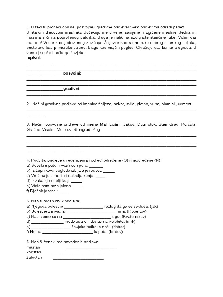 Pridjevi Vjezba | PDF