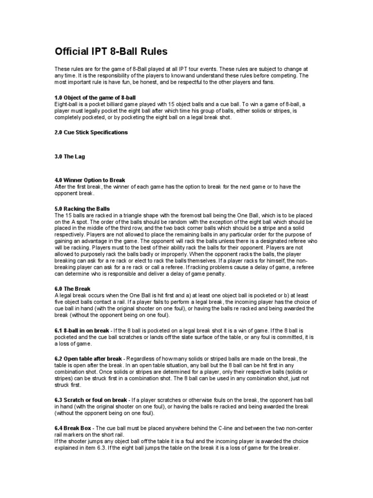 Official IPT 8 Ball Rules | Ball Games | Sports