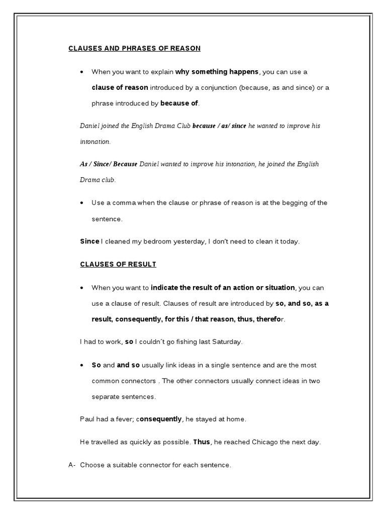 Clauses of Reason Clauses of Result | PDF | Sentence (Linguistics) | Clause