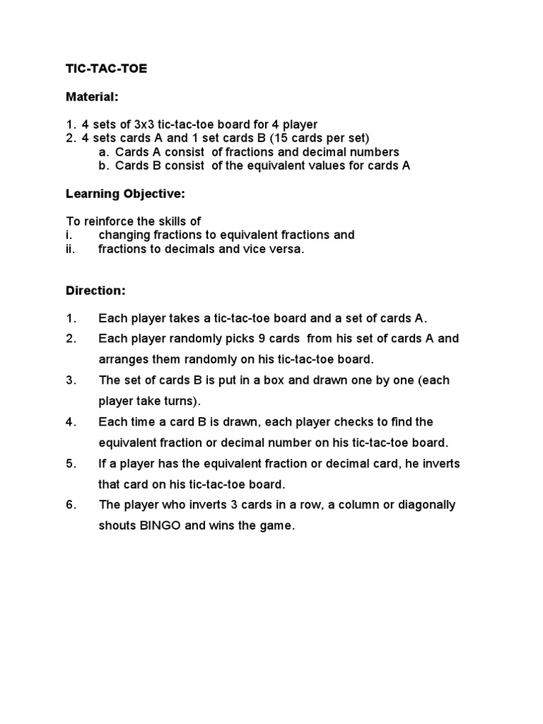 Math Tic-Tac-Toe: Fractions & Decimals | PDF
