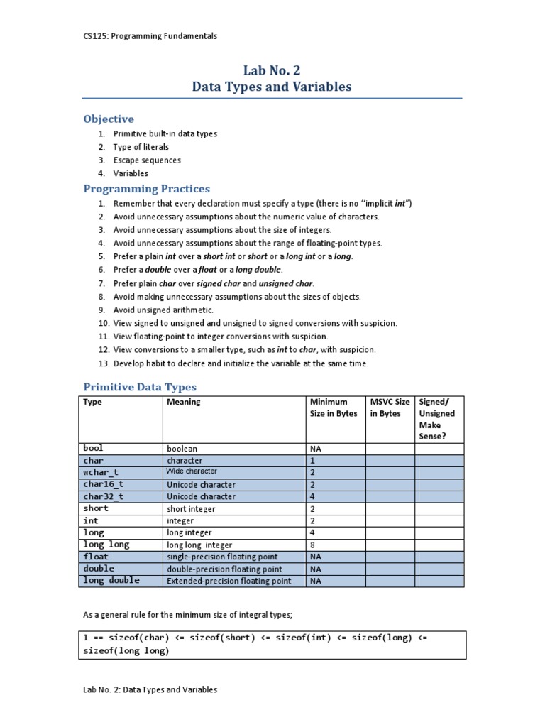 Cs125 Lab 02 Data Types And Variables Pdf Data Type Integer Computer Science