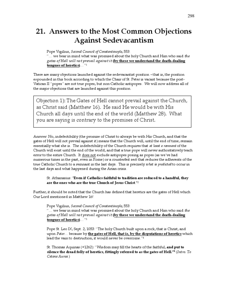 Answers To The Most Common Objections Against Sedevacantism | PDF ...