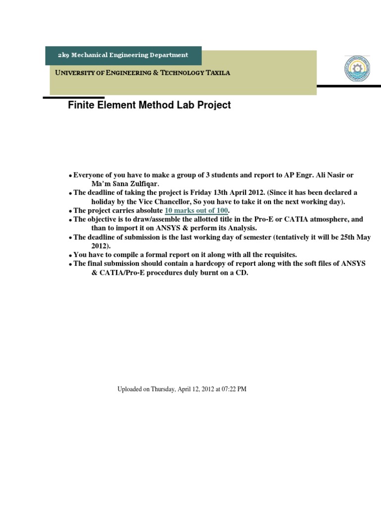 Finite Element Method Lab Project: U E & T T | PDF