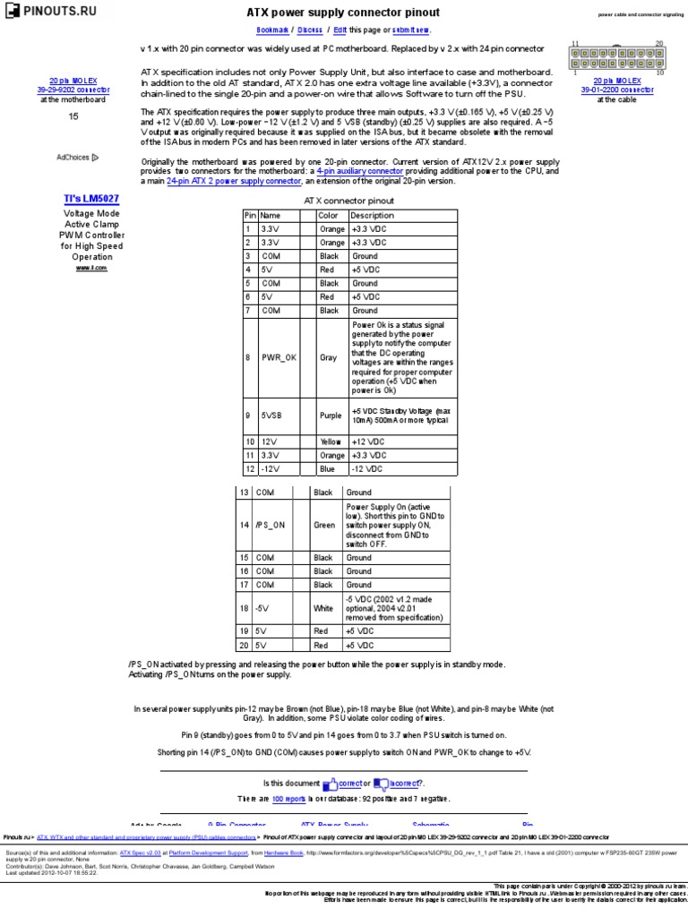 ATX Power Supply Connector Pinout and Wiring @ Pinouts | Manufactured ...