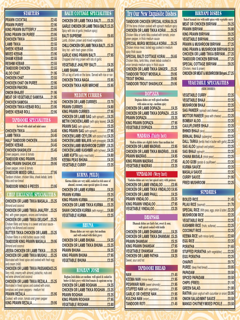 Balti Cottage Menu Overview | PDF | Kebab | Curry