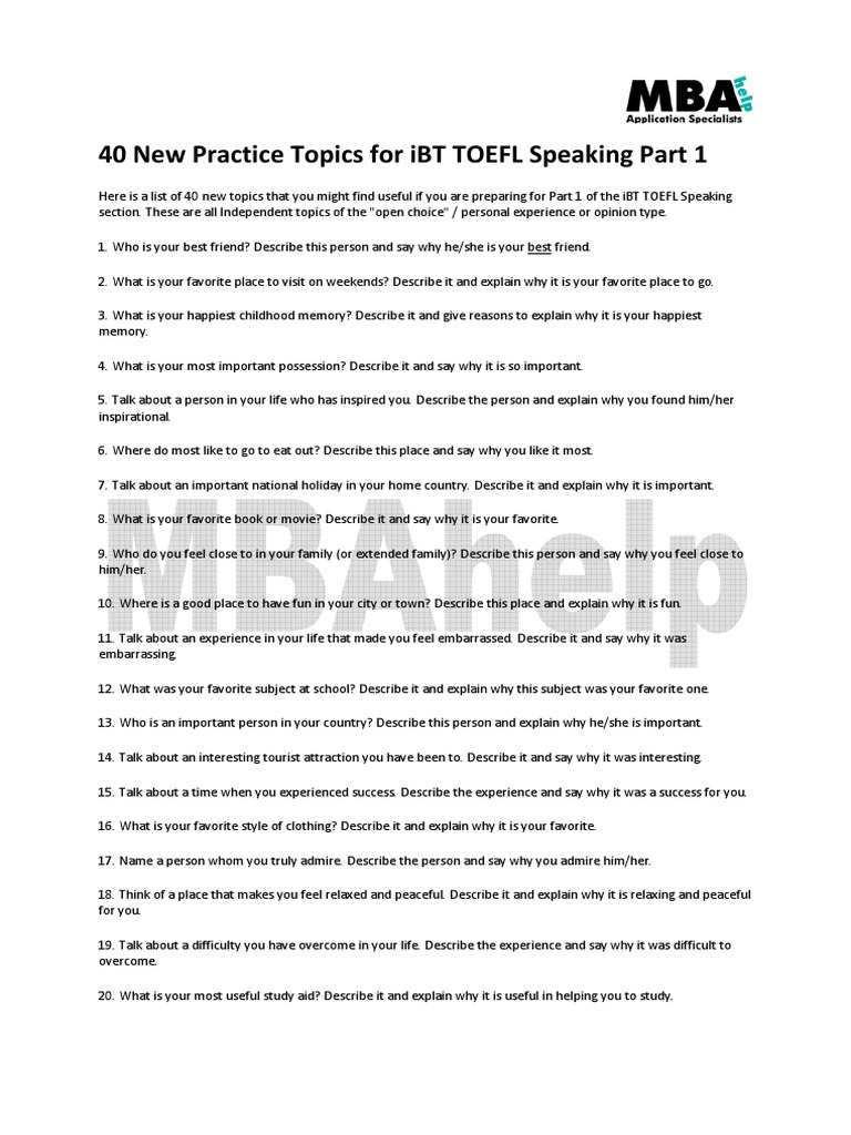 40 New Practice Topics For iBT TOEFL Speaking Part 1 | PDF | Cognition