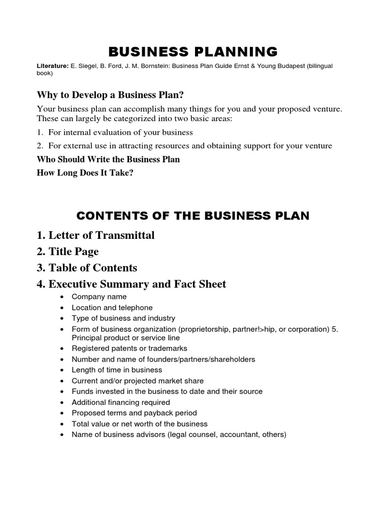 Business Planning: Contents of The Business Plan | PDF | Expense ...