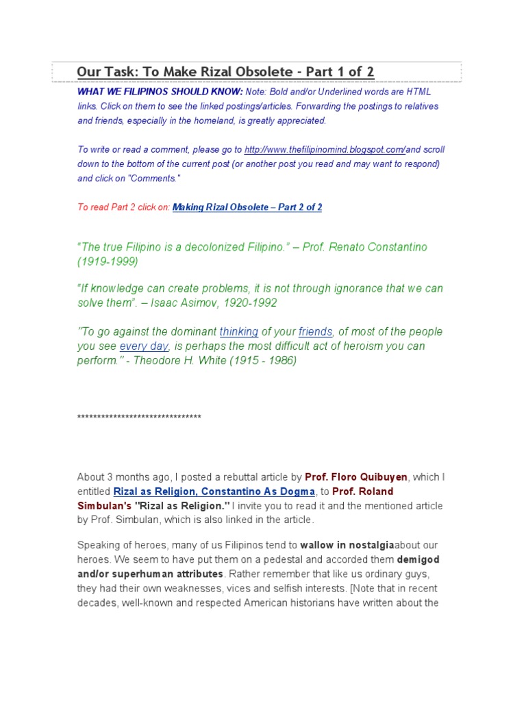 Our Task - To Make Rizal Obsolete Part 1 of 2 | PDF | Hero | Philippines