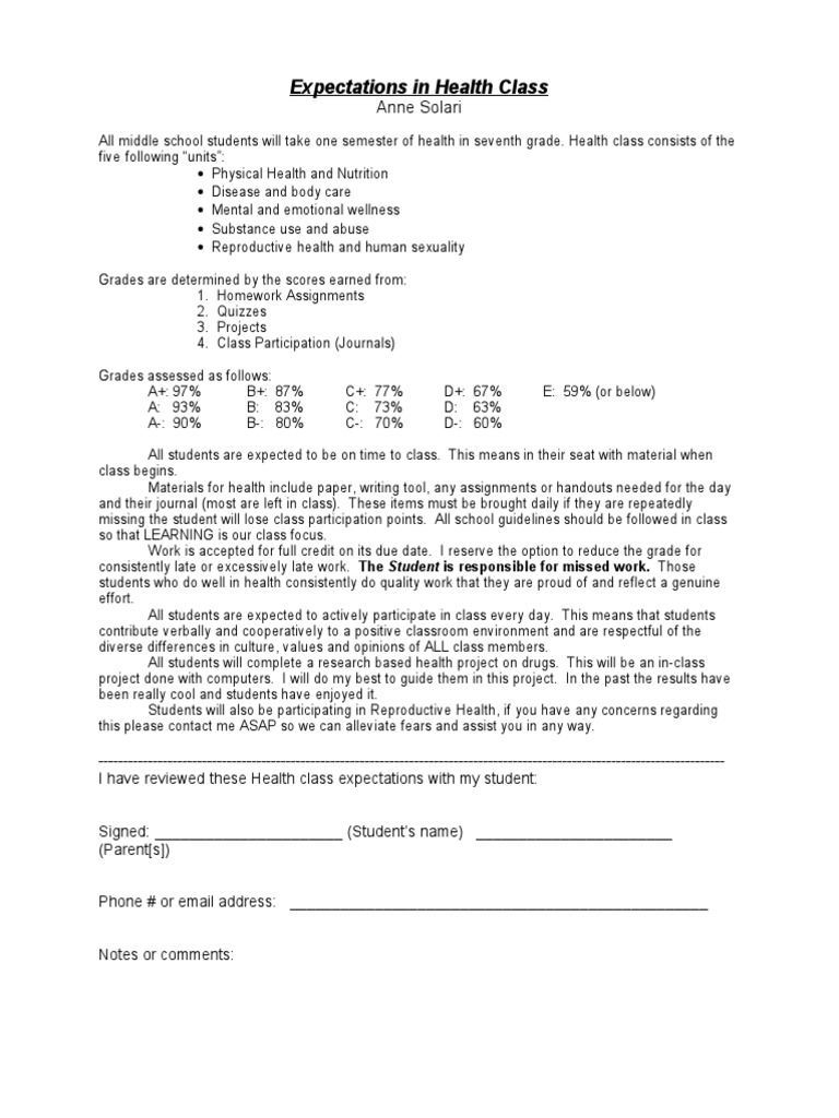 Health Class Expectations for Students | PDF